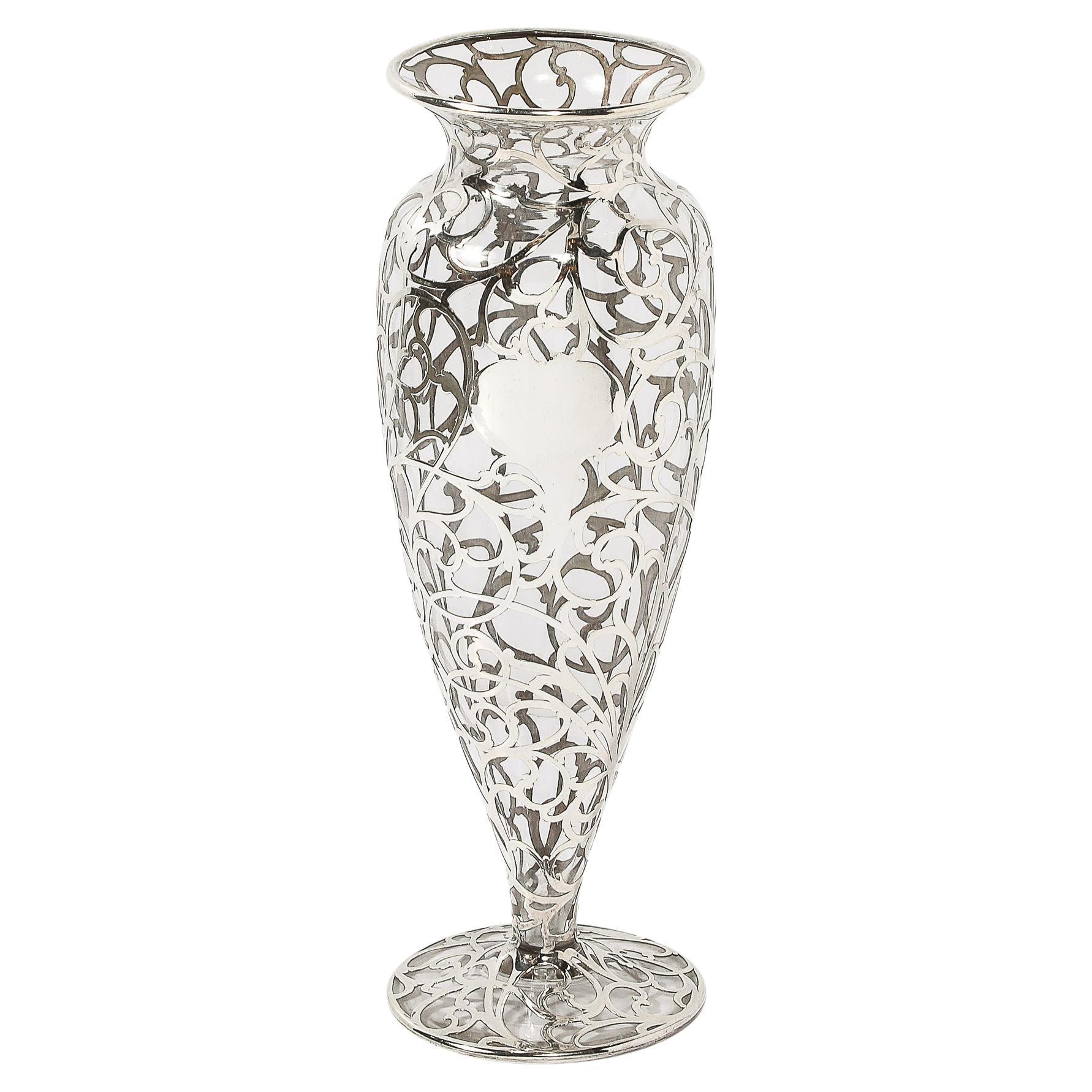 Dramatic Art Nouveau Emerald Glass Vase with Silver Overlay by Alvin at ...