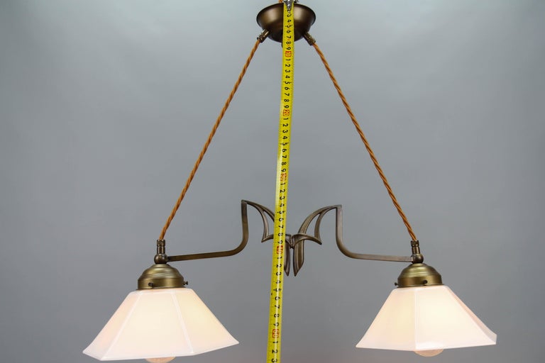 Art Nouveau Style Brass and White Glass Two-Light Pendant Chandelier ...