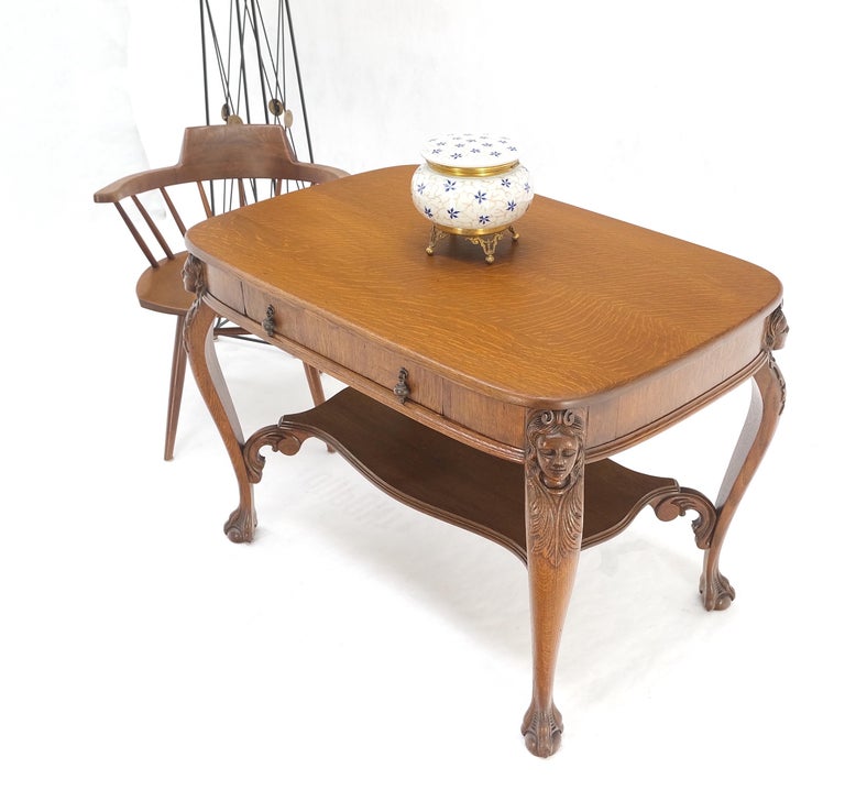 Art Nouveau Style Carved Faces Ball and Claw Feet Rounded Oak Desk ...