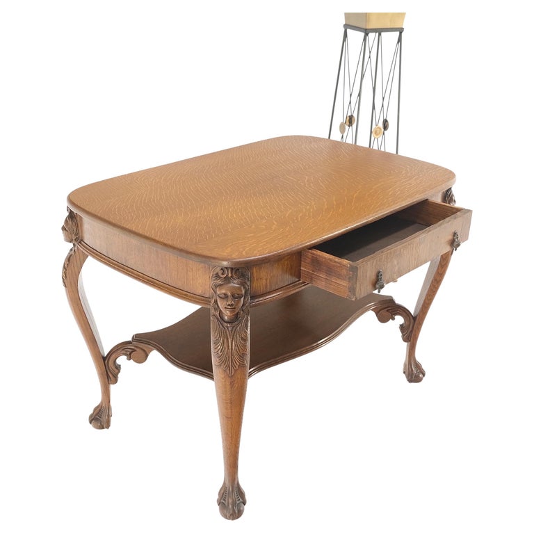 Art Nouveau Style Carved Faces Ball and Claw Feet Rounded Oak Desk ...