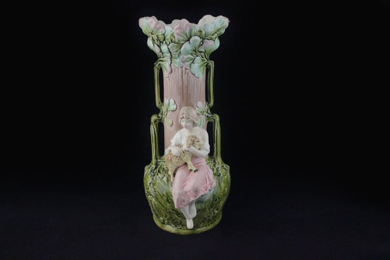 Art Nouveau Vases with Children and Foliage, Cecoslovakia, 1900s, Set of 2 For Sale at 1stDibs