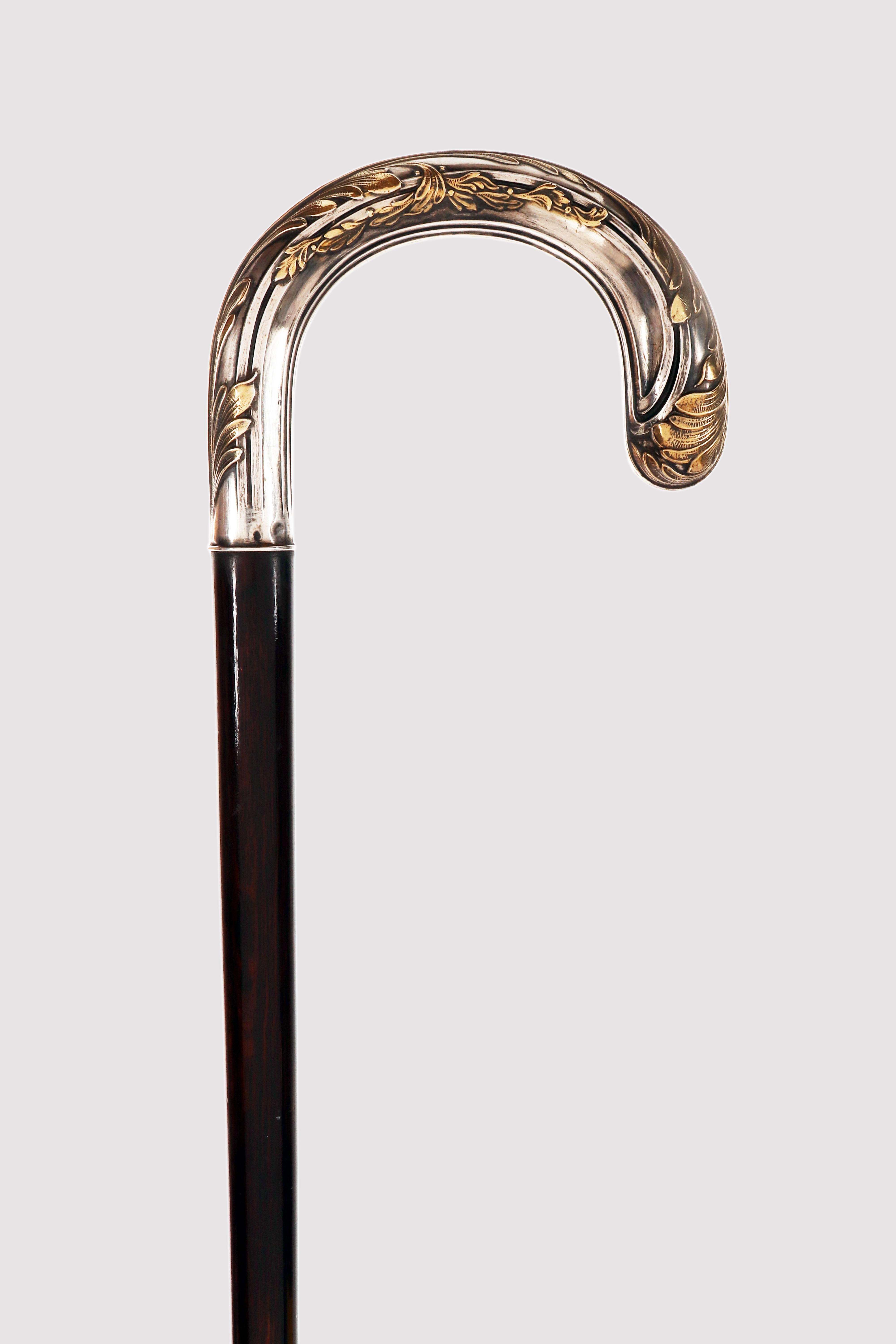 Art Nouveau walking stick, silver guilt knob with leaves, France 1900 ...