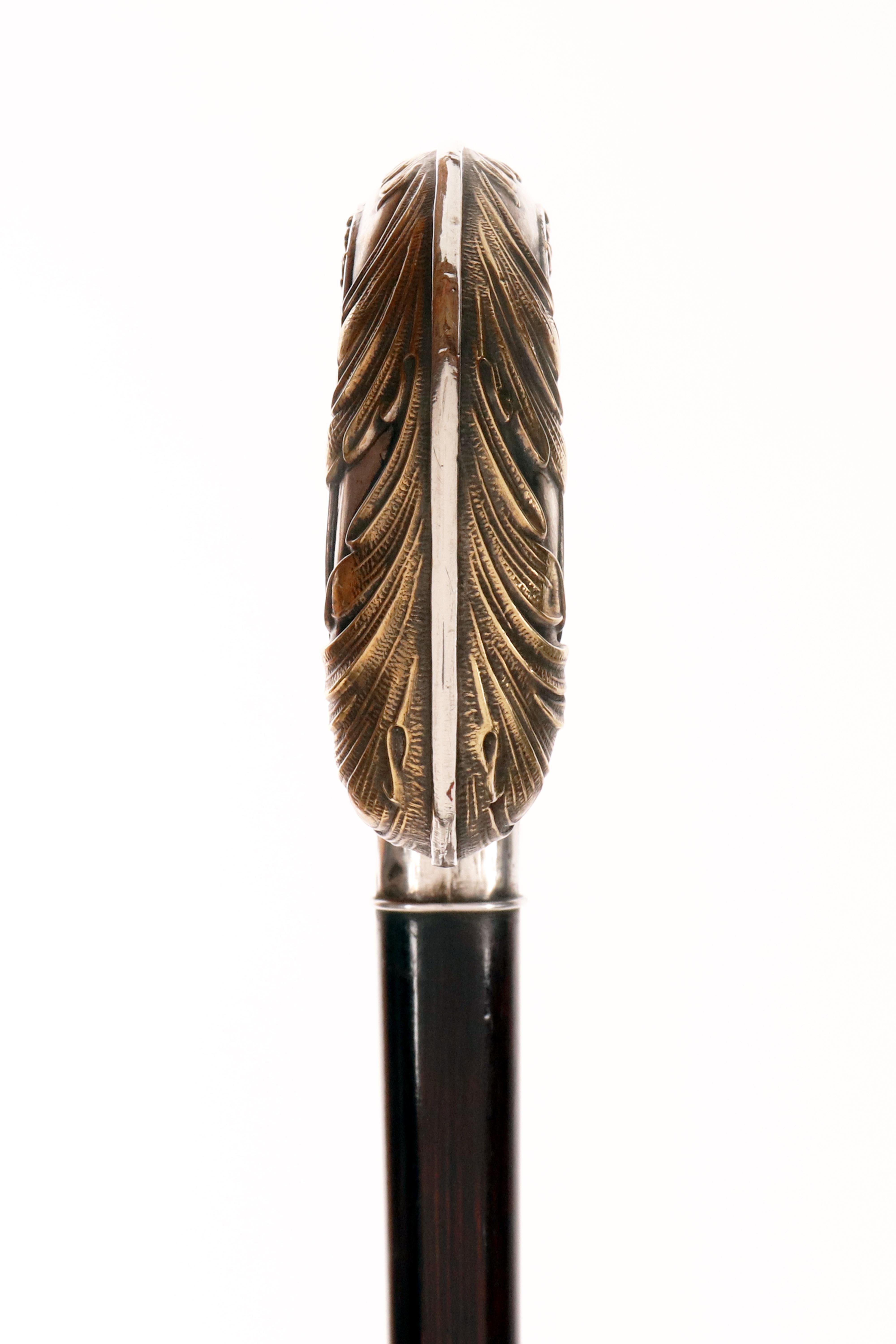 Art Nouveau walking stick, silver guilt knob with leaves, France 1900 ...