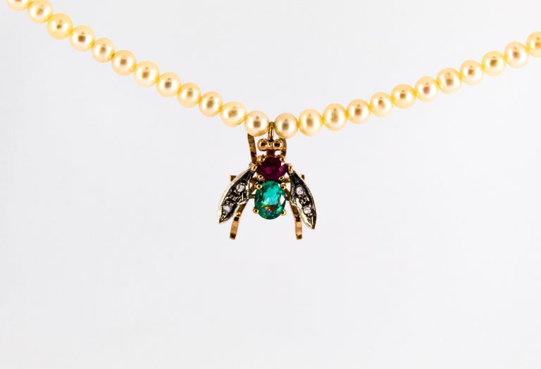 Art Nouveau White Diamond Ruby Emerald Pearl Yellow Gold "Fly" Pendant ...