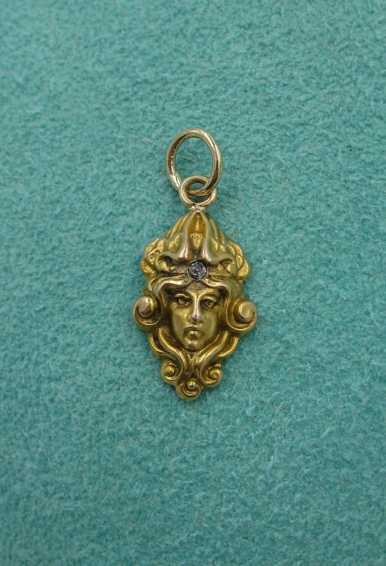 Art Nouveau Woman Goddess Rose Cut Diamond Pendant 14 Karat Gold Belle ...