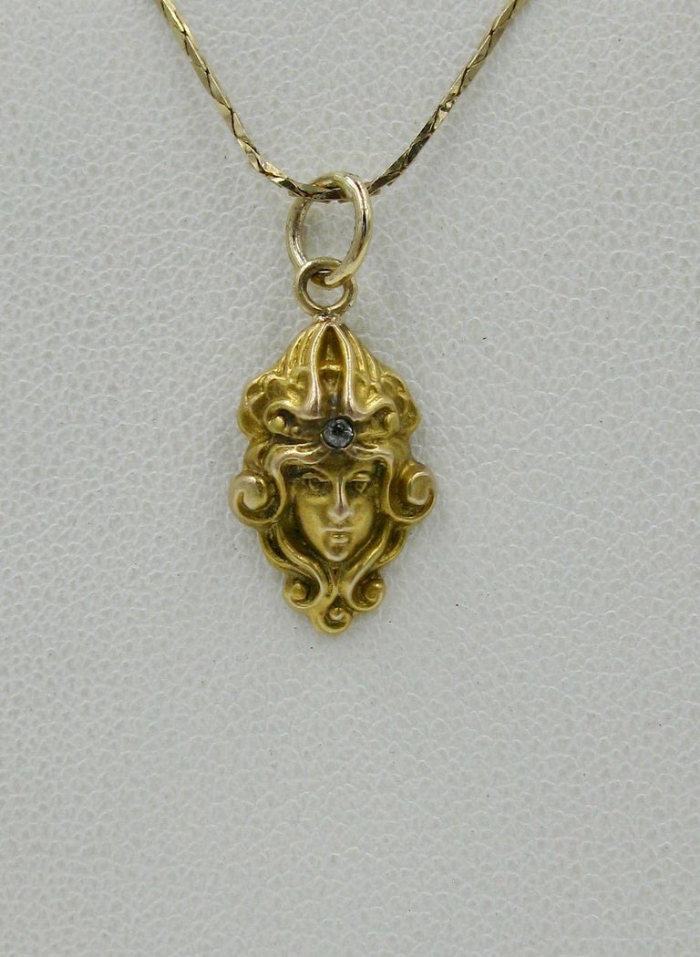 Art Nouveau Woman Goddess Rose Cut Diamond Pendant 14 Karat Gold Belle ...