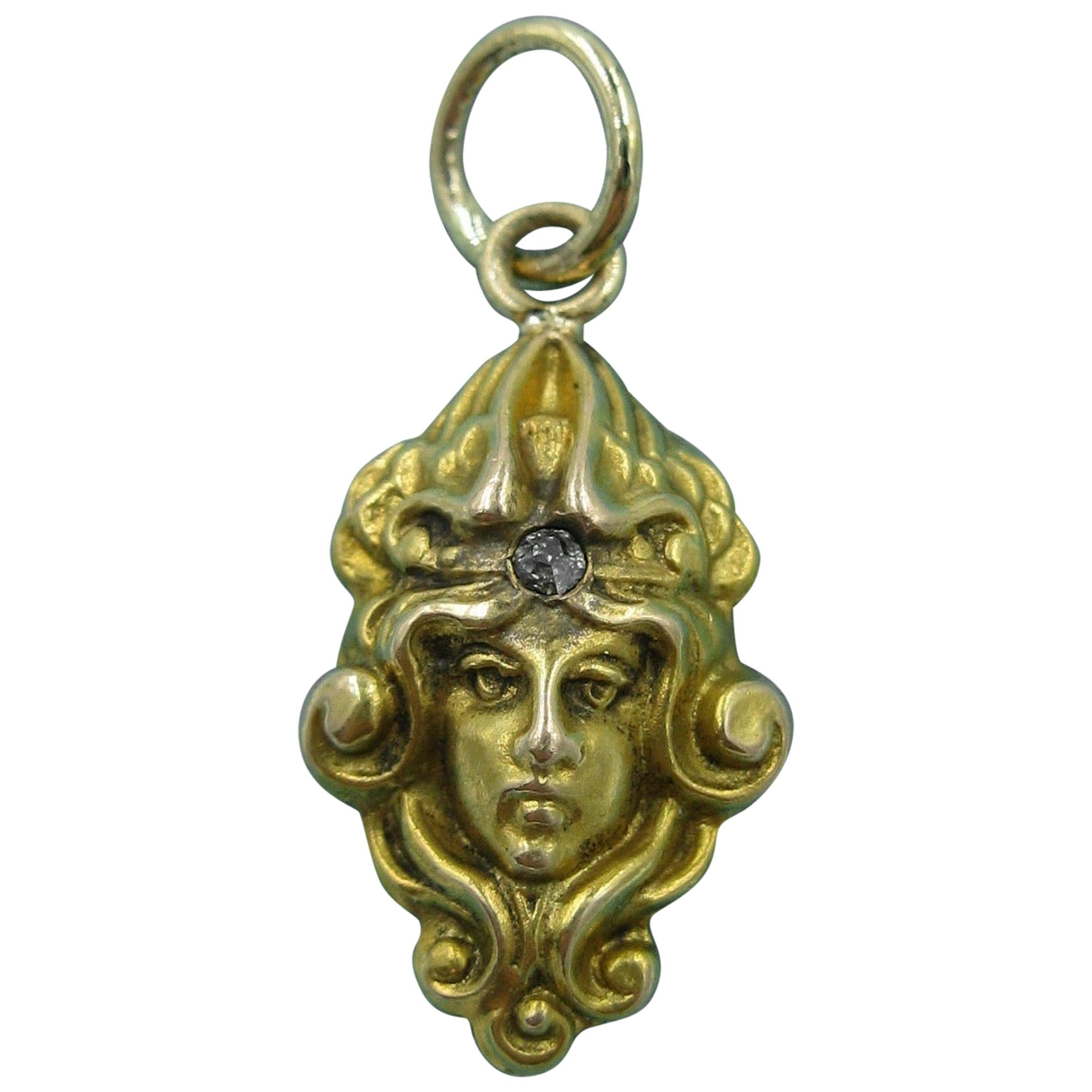 Art Nouveau Woman Goddess Rose Cut Diamond Pendant 14 Karat Gold Belle ...