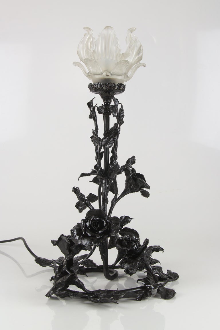 Art Nouveau Wrought Iron Base and Frosted Glass Table Lamp with Roses ...