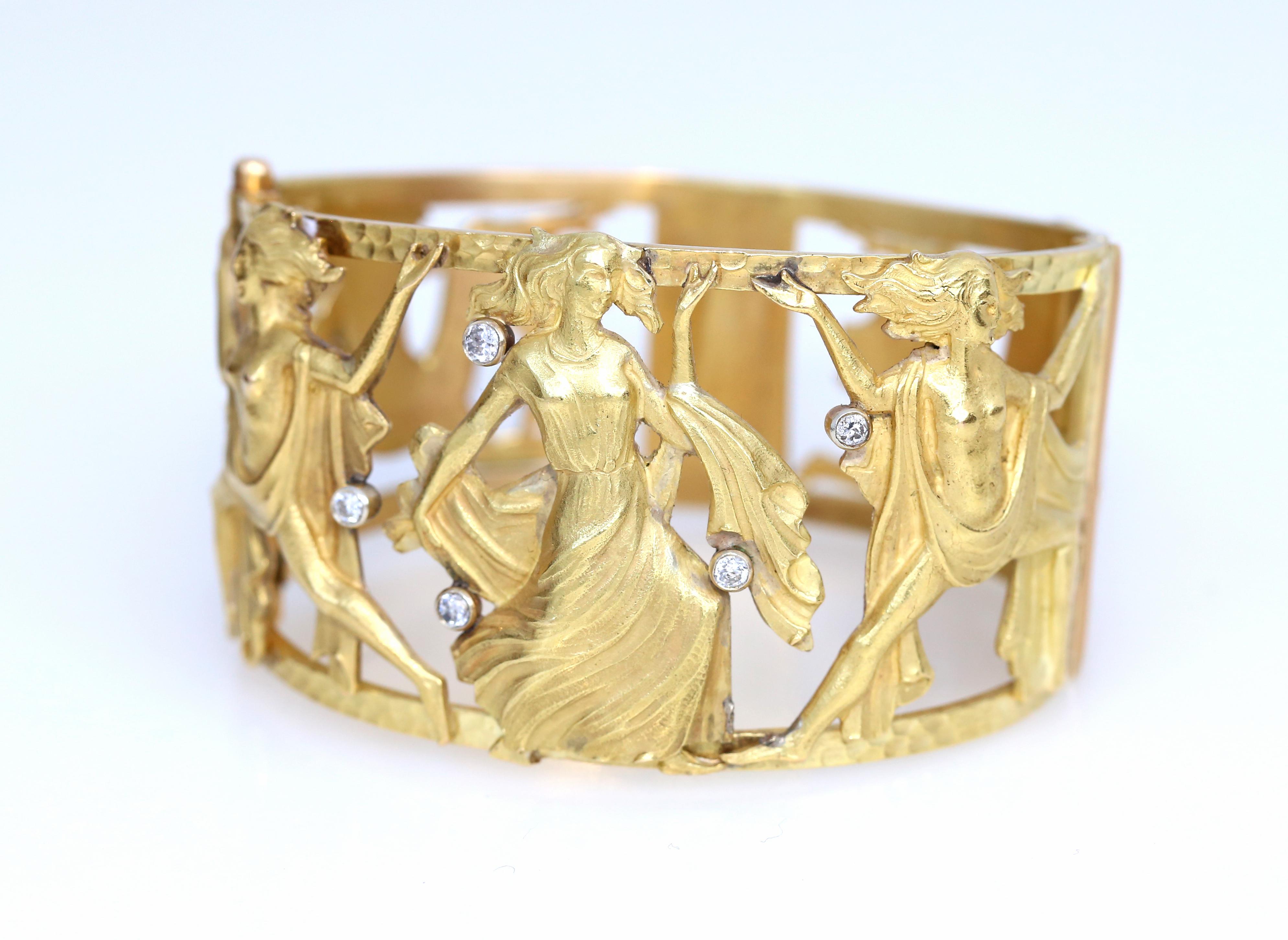 Yellow Gold Diamond Cuff Bangle Bracelet Signed Dance, 1970s For Sale ...