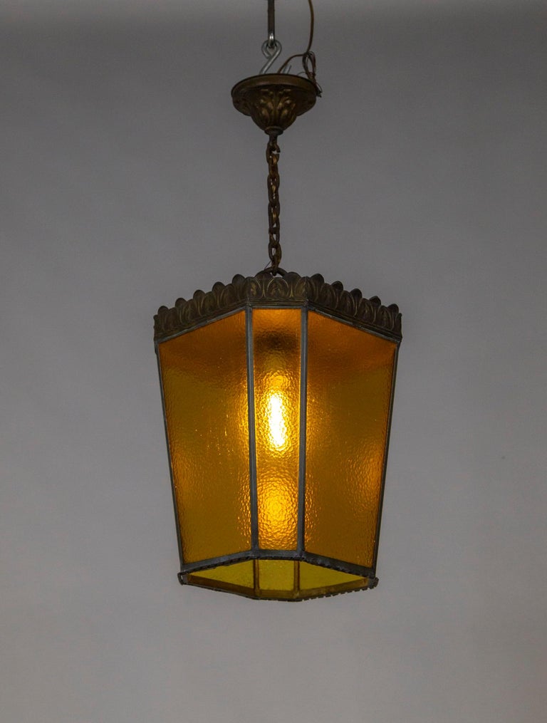 Art Nouveau amber Leaded Glass and Brass Lantern For Sale at 1stDibs