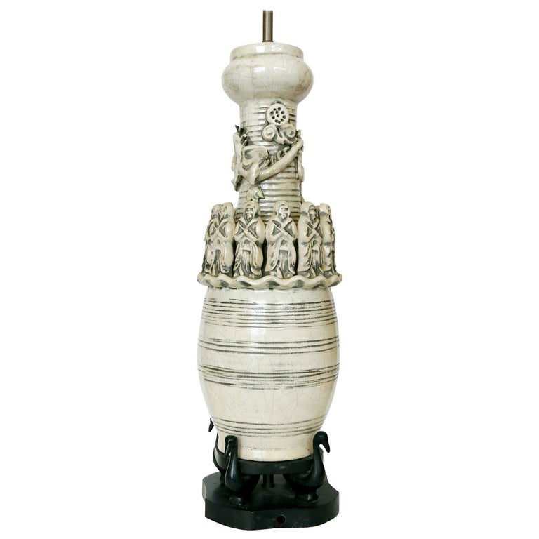 Art Pottery Ceremonial Monks with Dragon Table Lamp For Sale at 1stDibs