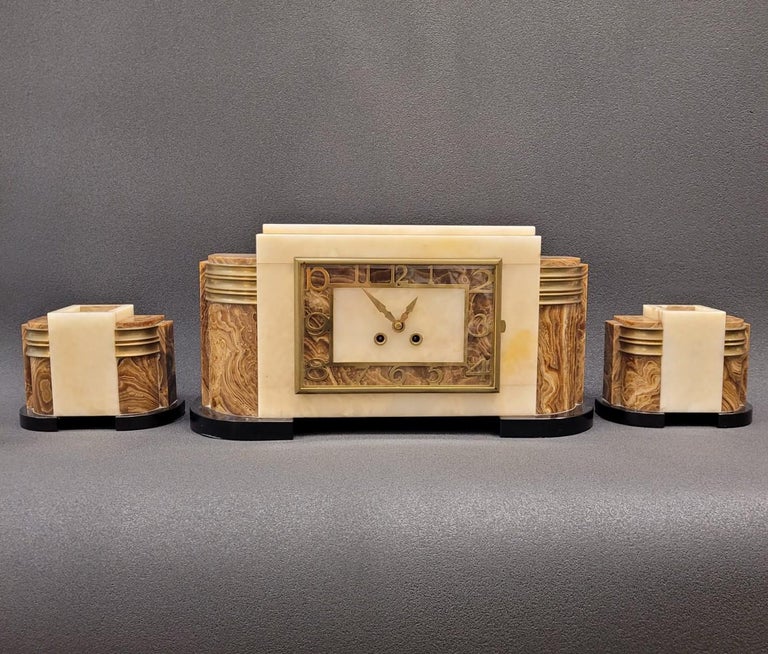 Artdeco French Marble Grey Yellow, Black Mantel Clock with 2 More ...