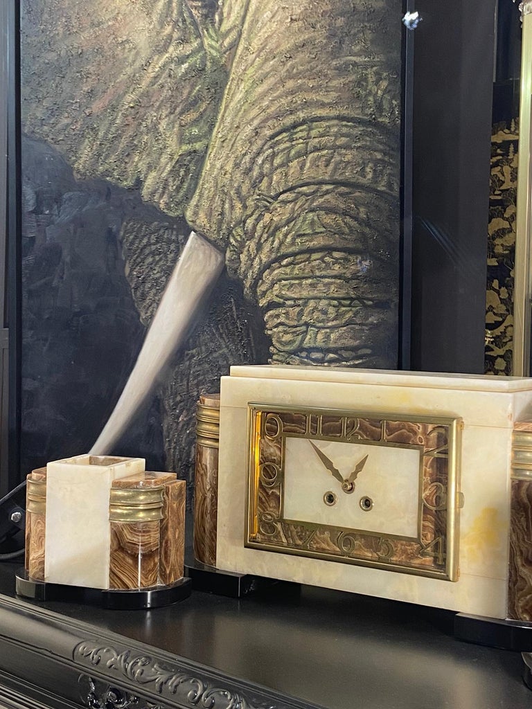 Artdeco French Marble Grey Yellow, Black Mantel Clock with 2 More ...