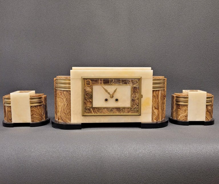 Artdeco French Marble Grey Yellow, Black Mantel Clock with 2 More ...