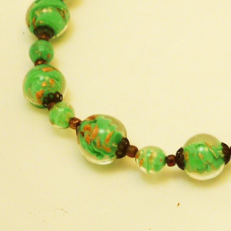 Artglass necklace Murano beads with gold flux, in bright green For Sale ...