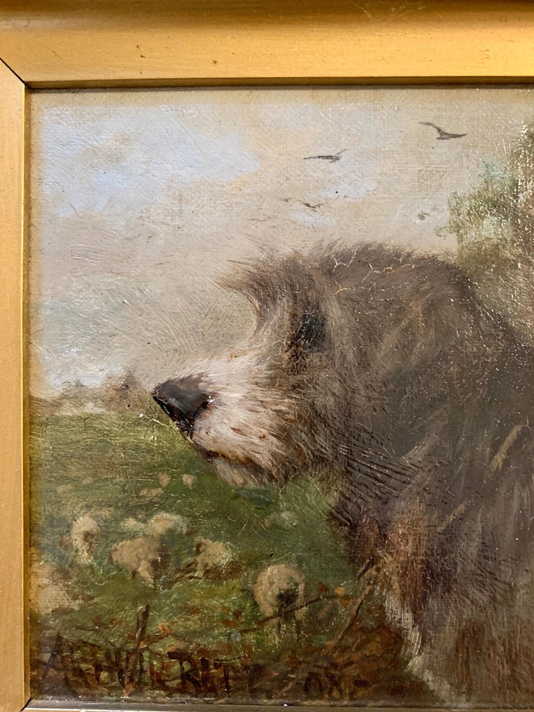 Arthur Batt - English Antique oil portrait of an old hound or dog in a ...