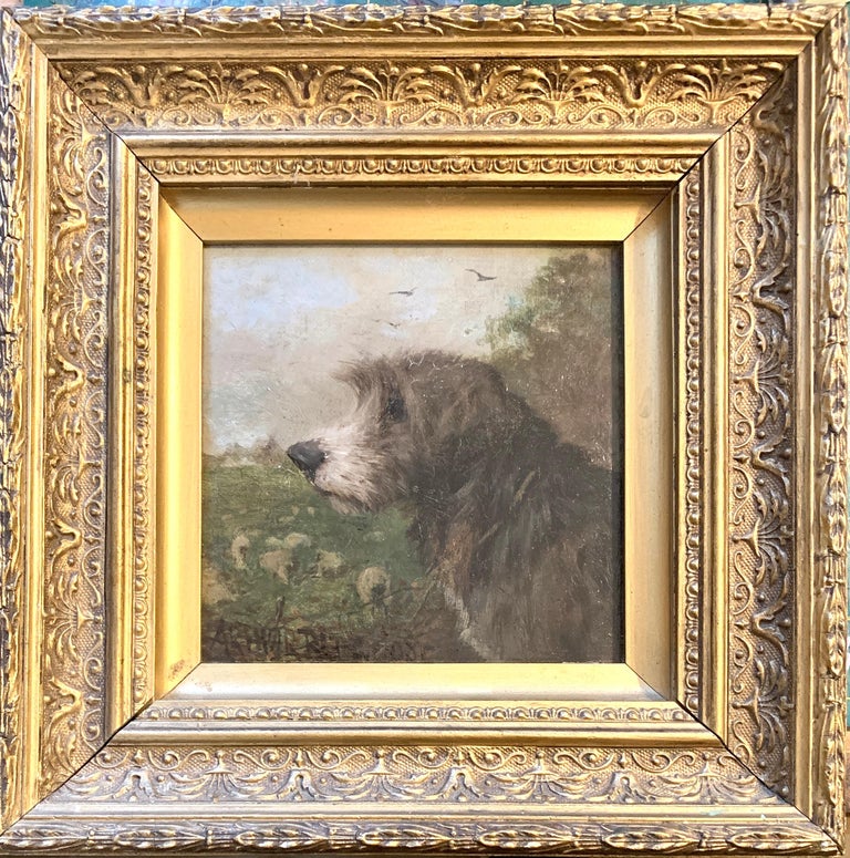 Arthur Batt - English Antique oil portrait of an old hound or dog in a ...