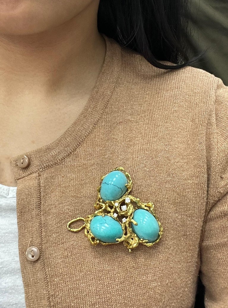 Arthur King Turquoise Gold Pendant Brooch For Sale at 1stDibs