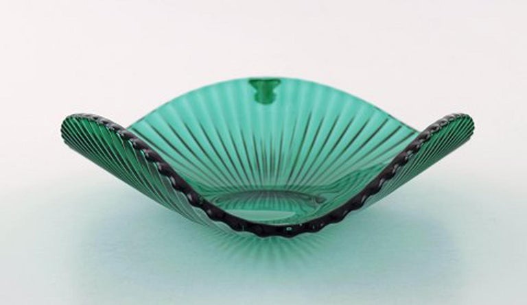 Arthur Percy for Nybro Sweden, Two Bowls and a Vase in Green Art Glass ...