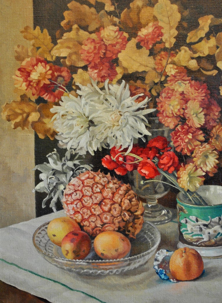 Arthur Sleight - Still Life - Flowers, Pineapple, Fruit and Hound Mug ...