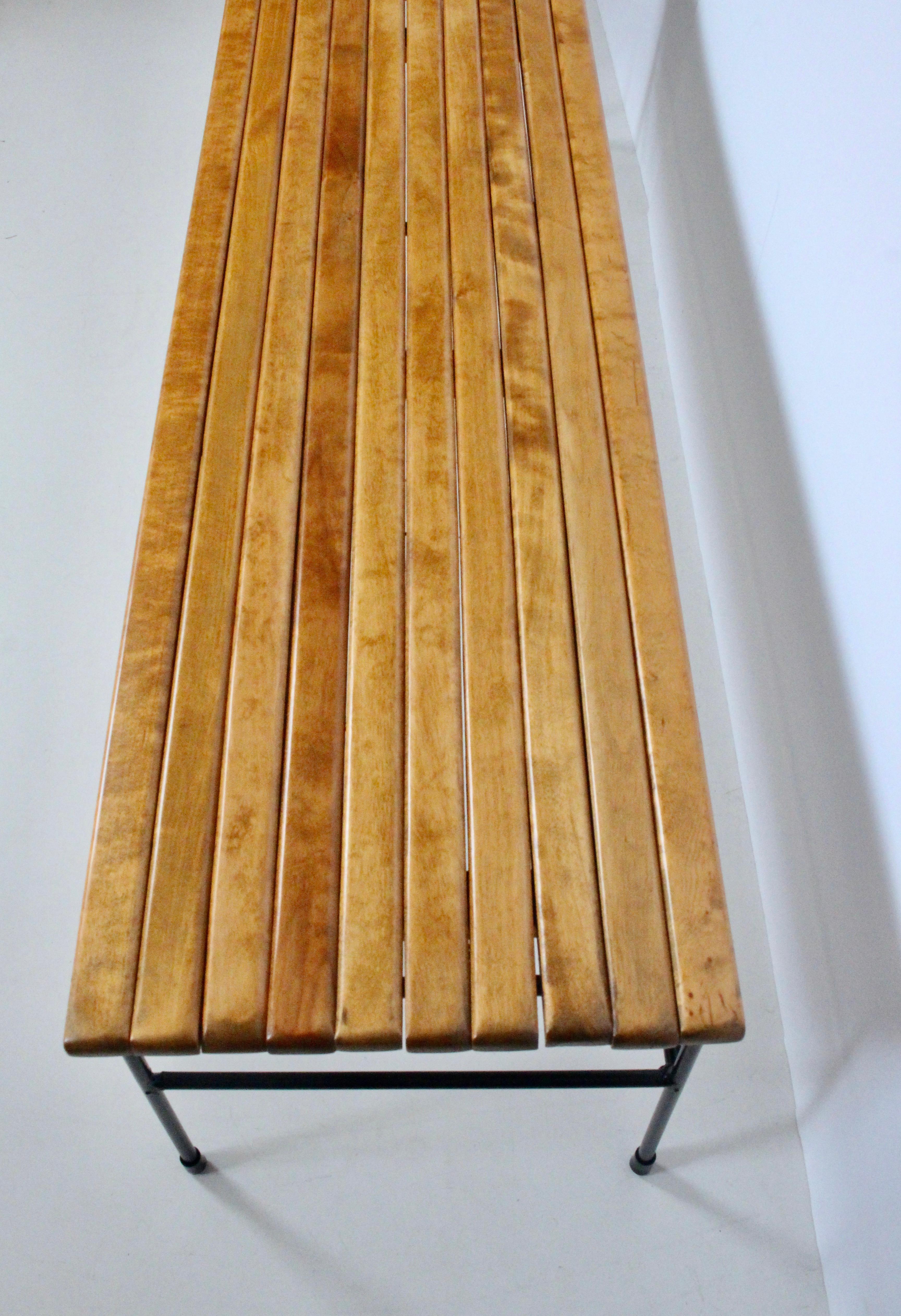 Arthur Umanoff Elm and Wrought Iron Slat Bench, 1950's at 1stDibs