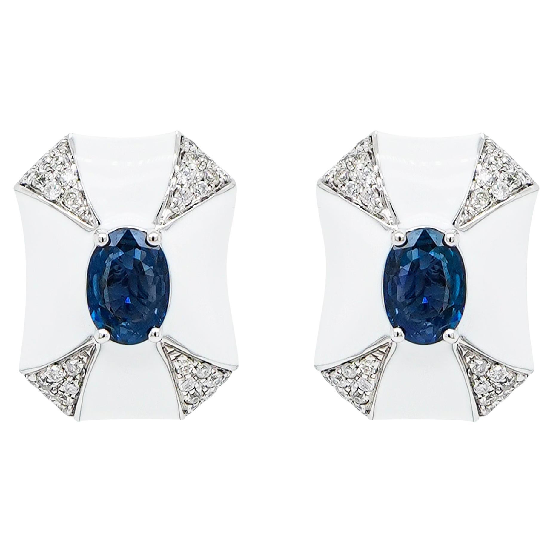 ''BLACK X WHITE'' Enamel Vivid Blue Sapphire Stud Designer Earring 18K ...