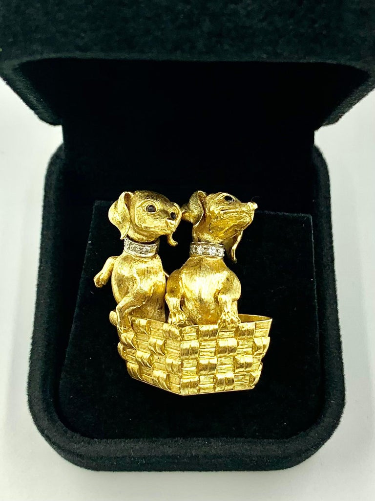 Articulated 18K Gold Diamond Sapphire Dachshund Pups in Basket Brooch ...