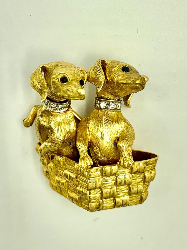 Articulated 18K Gold Diamond Sapphire Dachshund Pups in Basket Brooch ...