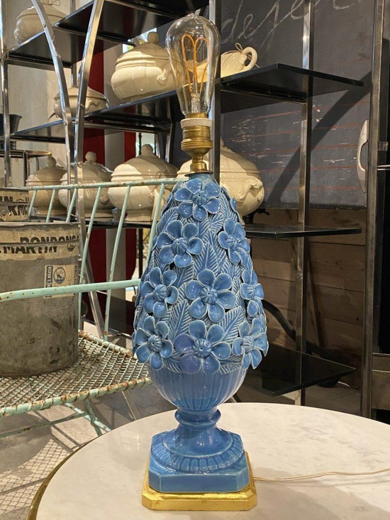 Artisanal Stunning Midcentury Spanish Turquoise Ceramic Floral Lamp For ...