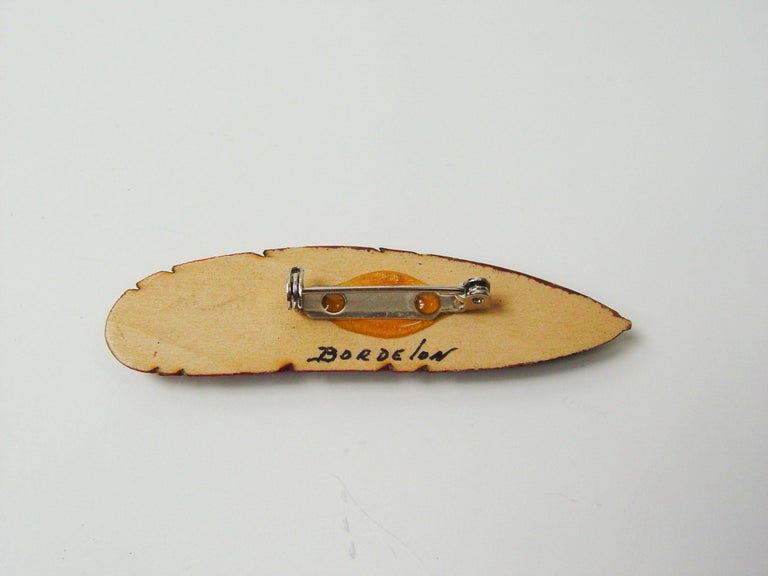 Artist Hand Carved Wood Feather Brooch For Sale at 1stDibs
