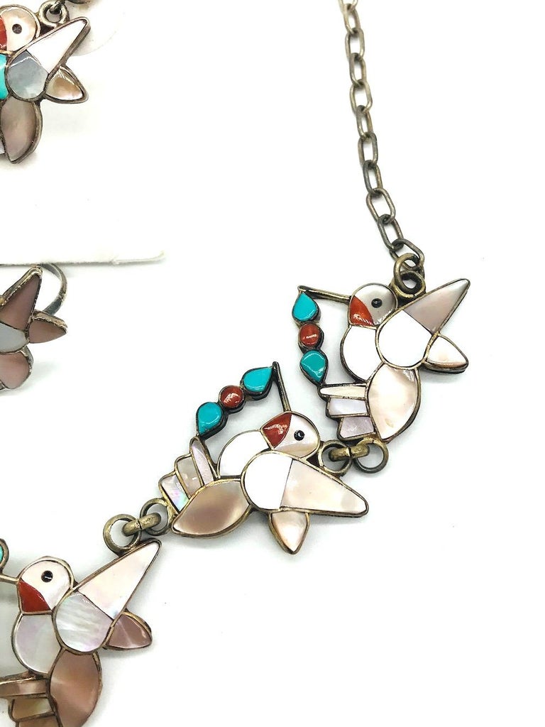 Artist Hummingbirds, Earring Necklace Ring Set, Turquoise and Mother of ...