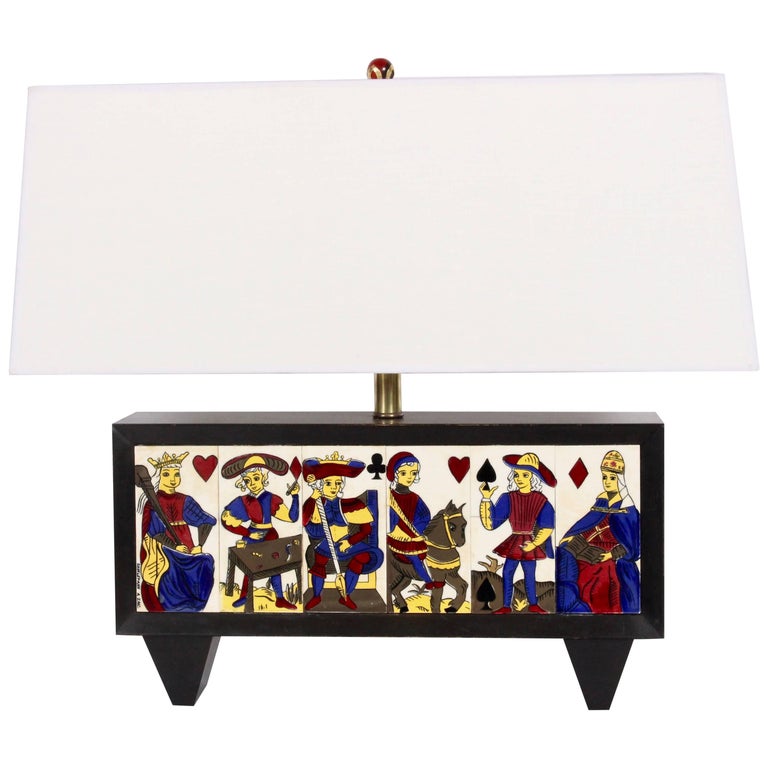 1950's Hand Painted "Playing Cards" Ceramic Tile Table Lamp, Artist ...