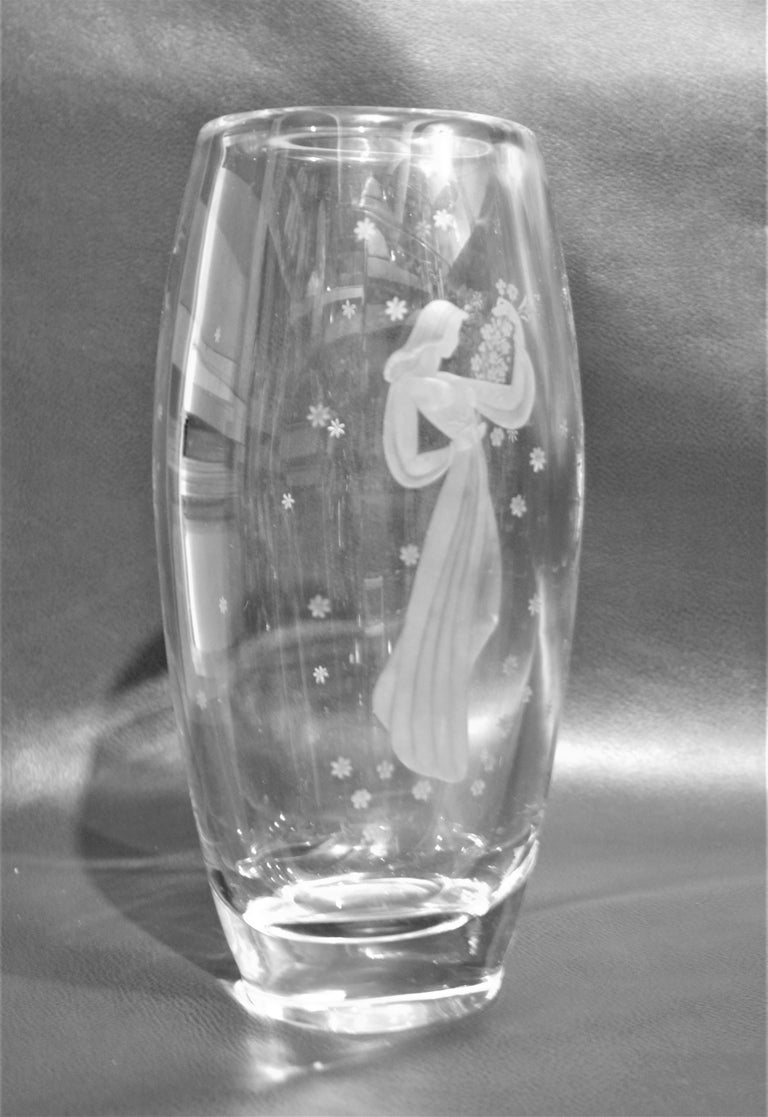 Artist Signed Orrefors Etched Crystal Vase Depicting a Woman Holding ...