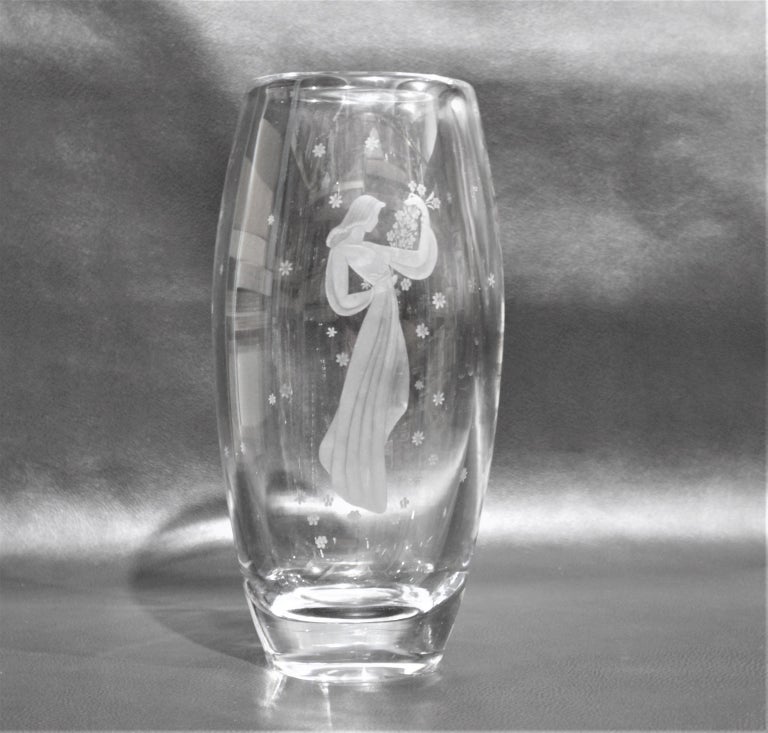 Artist Signed Orrefors Etched Crystal Vase Depicting a Woman Holding ...