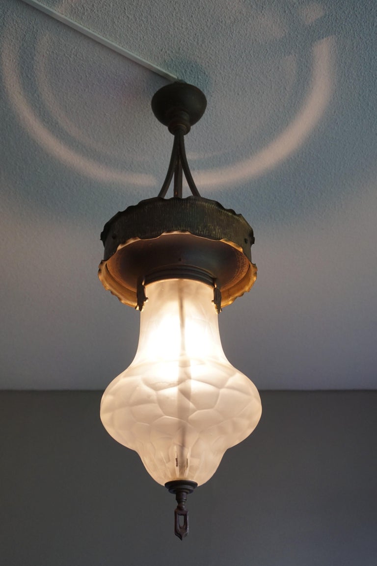 Arts and Crafts Brass, Bronze and Mouth Blown Glass Hall Pendant ...