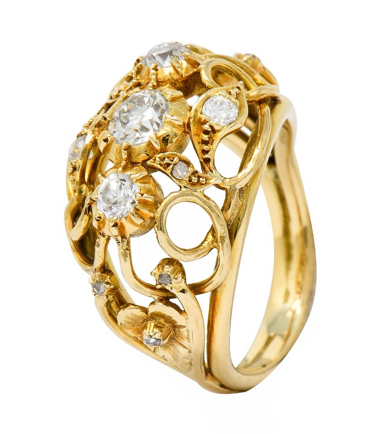 Arts and Crafts Diamond 18 Karat Gold Foliate Filigree Band Ring at 1stDibs