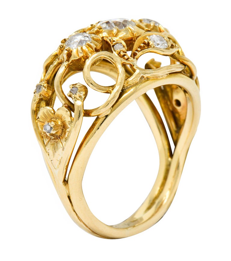Arts and Crafts Diamond 18 Karat Gold Foliate Filigree Band Ring at 1stDibs