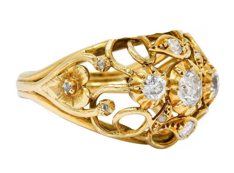 Arts and Crafts Diamond 18 Karat Gold Foliate Filigree Band Ring at 1stDibs