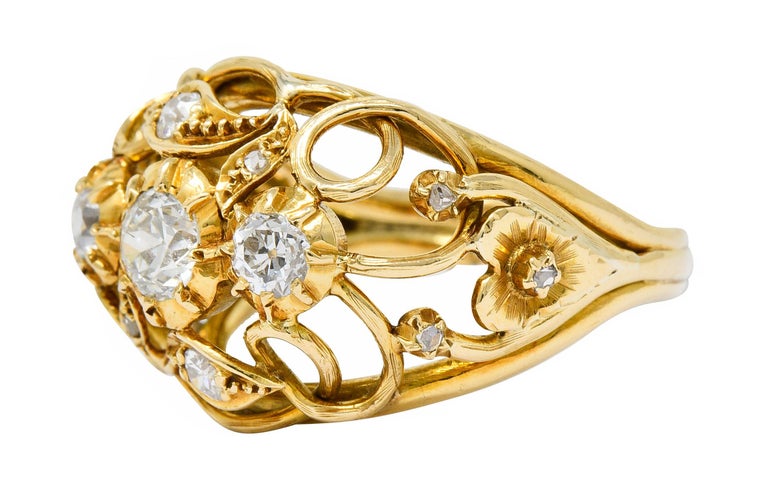Arts and Crafts Diamond 18 Karat Gold Foliate Filigree Band Ring at 1stDibs
