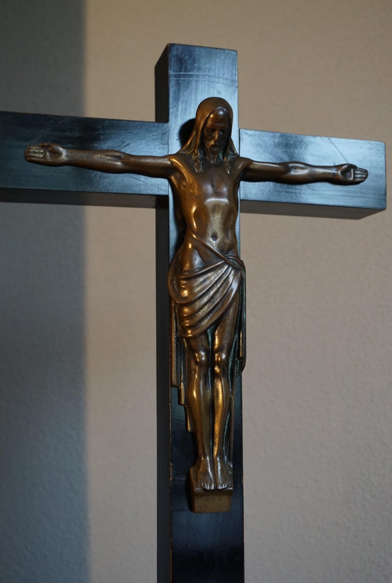Arts and Crafts Ebonized Wood and Brass Base Crucifix with a Bronze ...