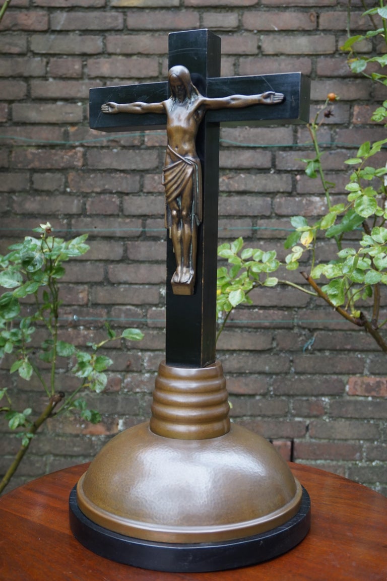 Arts and Crafts Ebonized Wood and Brass Base Crucifix with a Bronze ...