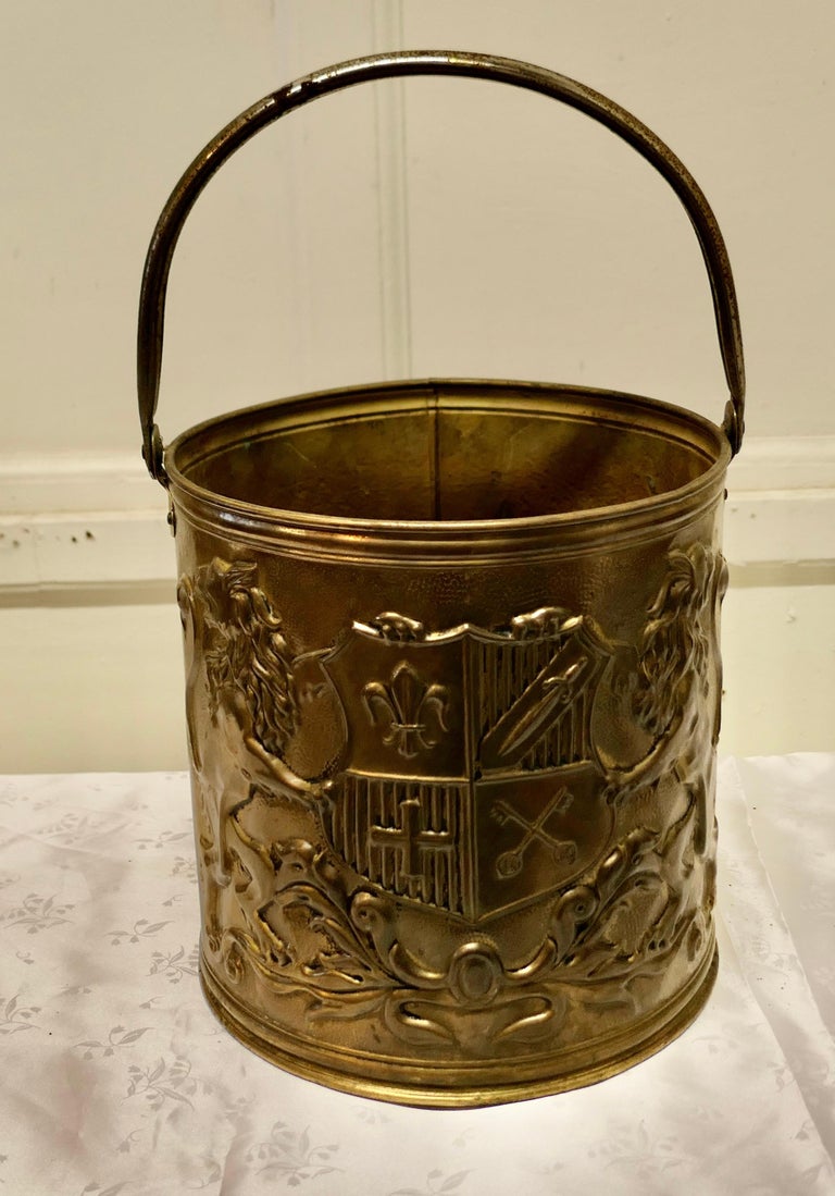 Arts and Crafts Embossed Brass Coal Bucket For Sale at 1stDibs