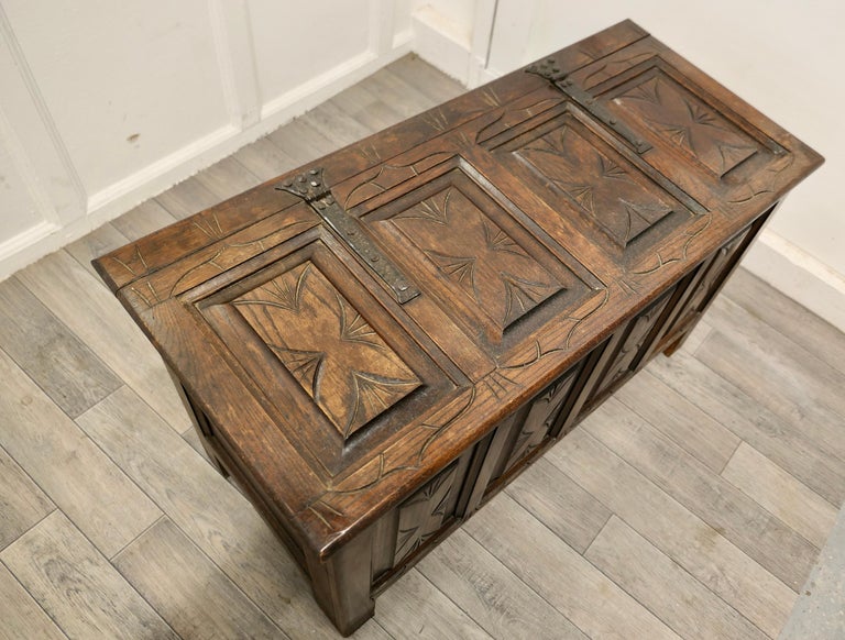 Arts and Crafts Gothic Carved Panelled Oak Coffer For Sale at 1stDibs