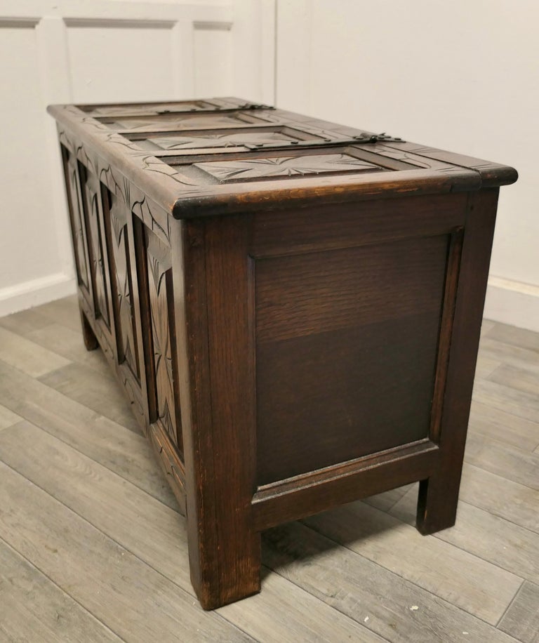 Arts and Crafts Gothic Carved Panelled Oak Coffer For Sale at 1stDibs