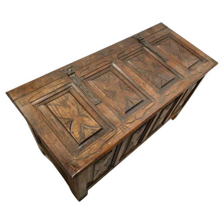 Arts and Crafts Gothic Carved Panelled Oak Coffer For Sale at 1stDibs