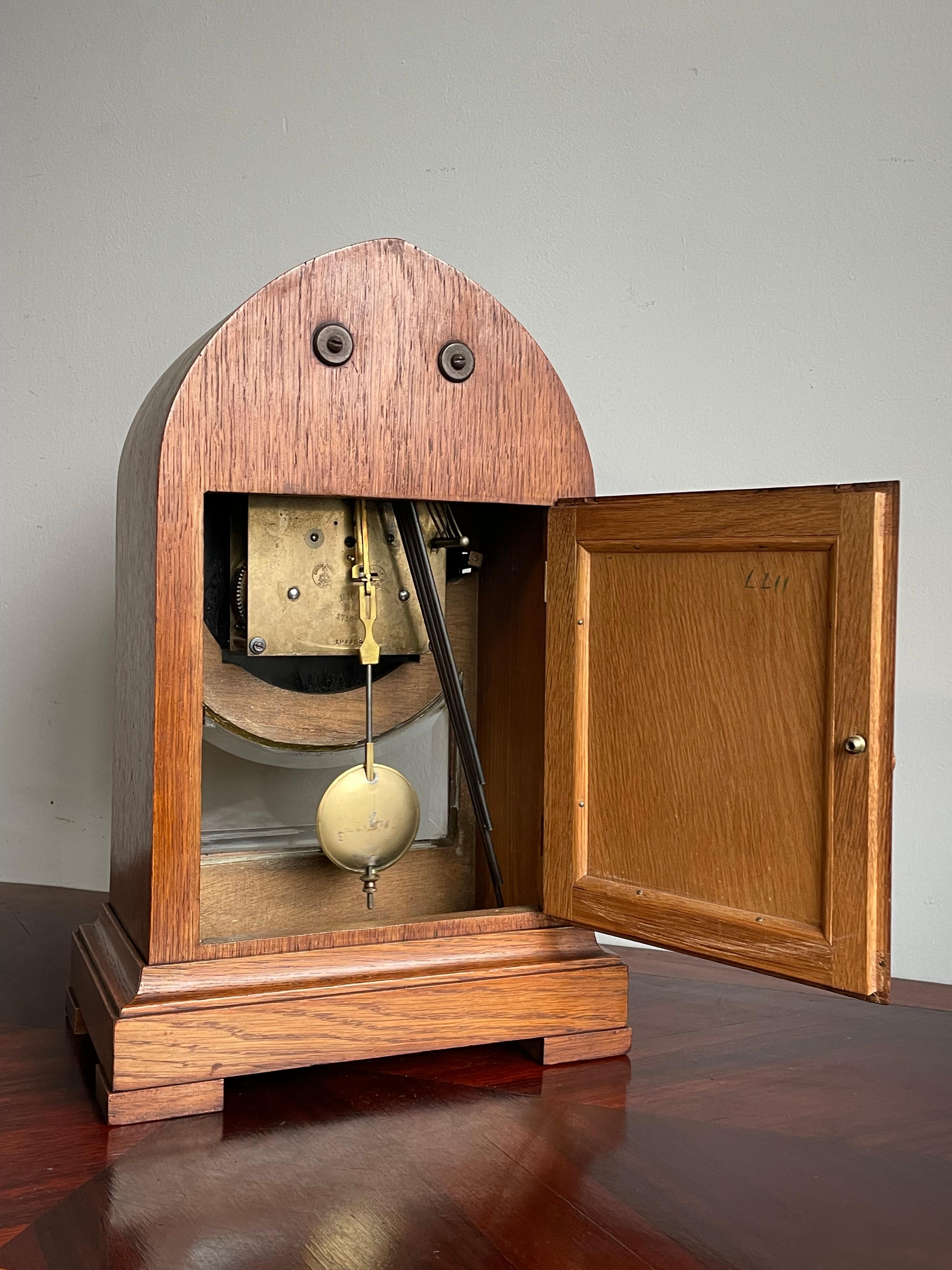 Arts and Crafts Oakwood and Brass Inlay Pendulum / Table Clock w. Beveled Glass at 1stDibs