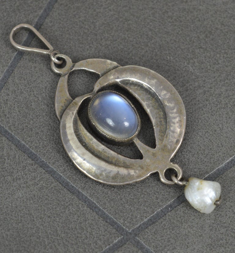 Arts and Crafts Sterling Silver Moonstone and Pearl Pendant For Sale at ...