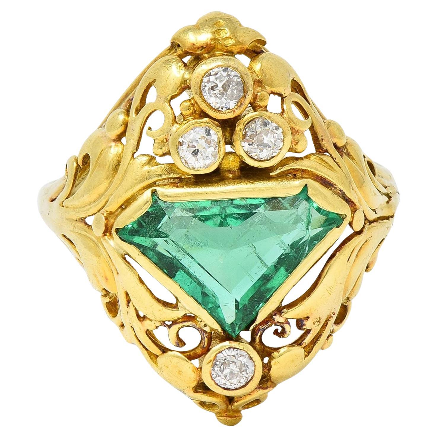 Arts and Crafts 1.67 CTW Emerald Diamond 18 Karat Yellow Gold Antique ...