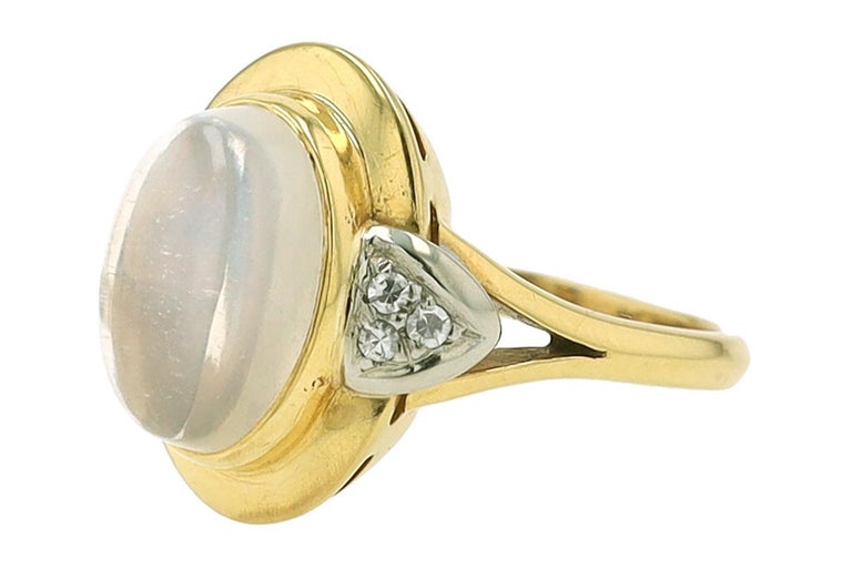 Arts and Crafts 4 Carat Rainbow Moonstone and Diamond 18k Cocktail Ring ...