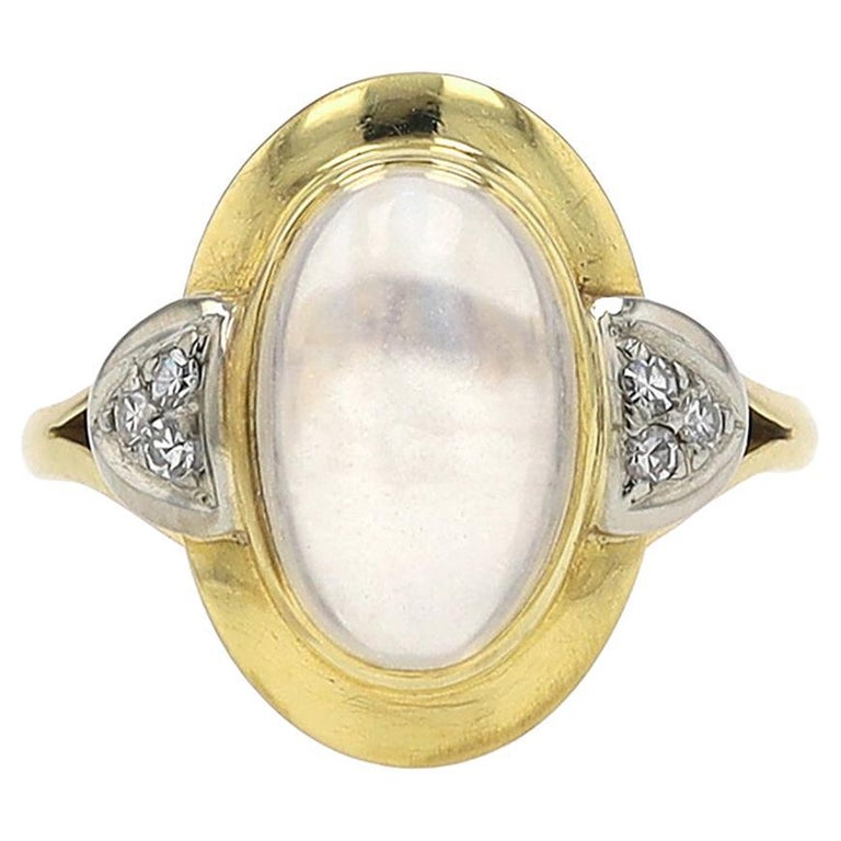 Arts and Crafts 4 Carat Rainbow Moonstone and Diamond 18k Cocktail Ring ...